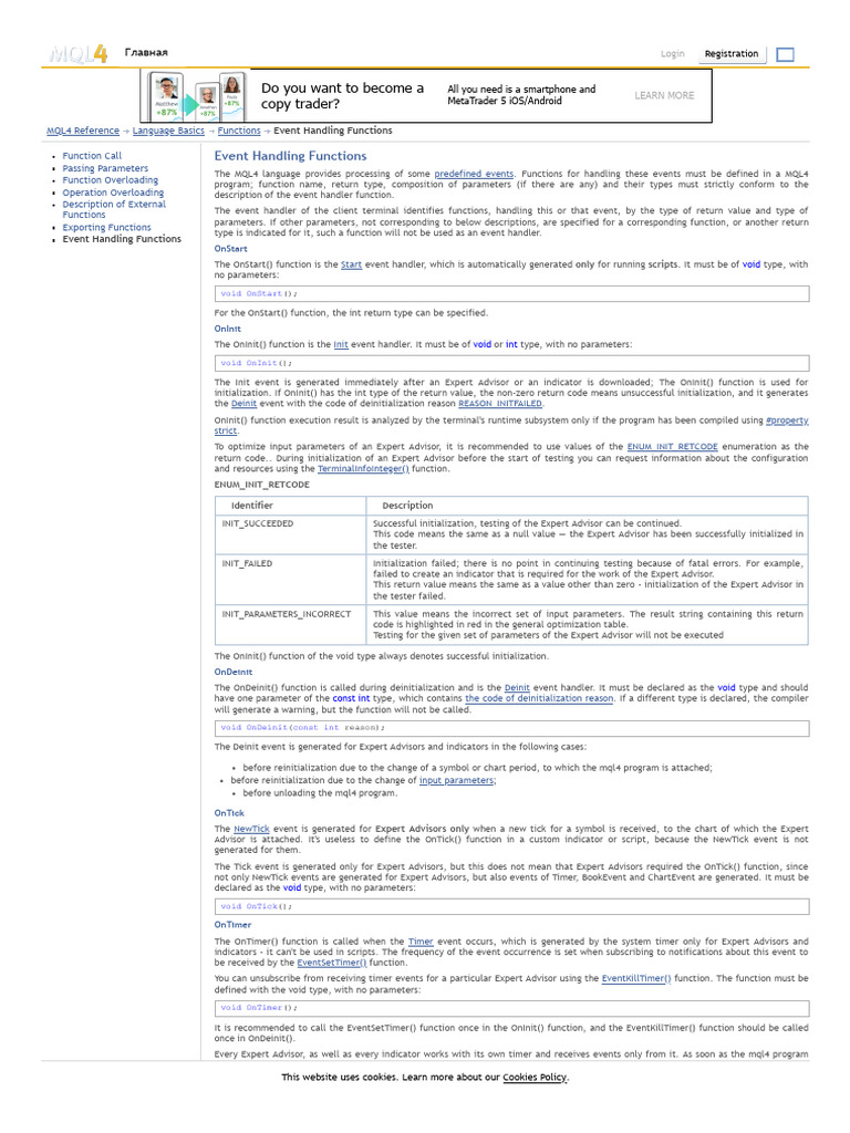 Event Handling Functions Functions Language Basics Mql4 Reference Pdf Parameter 