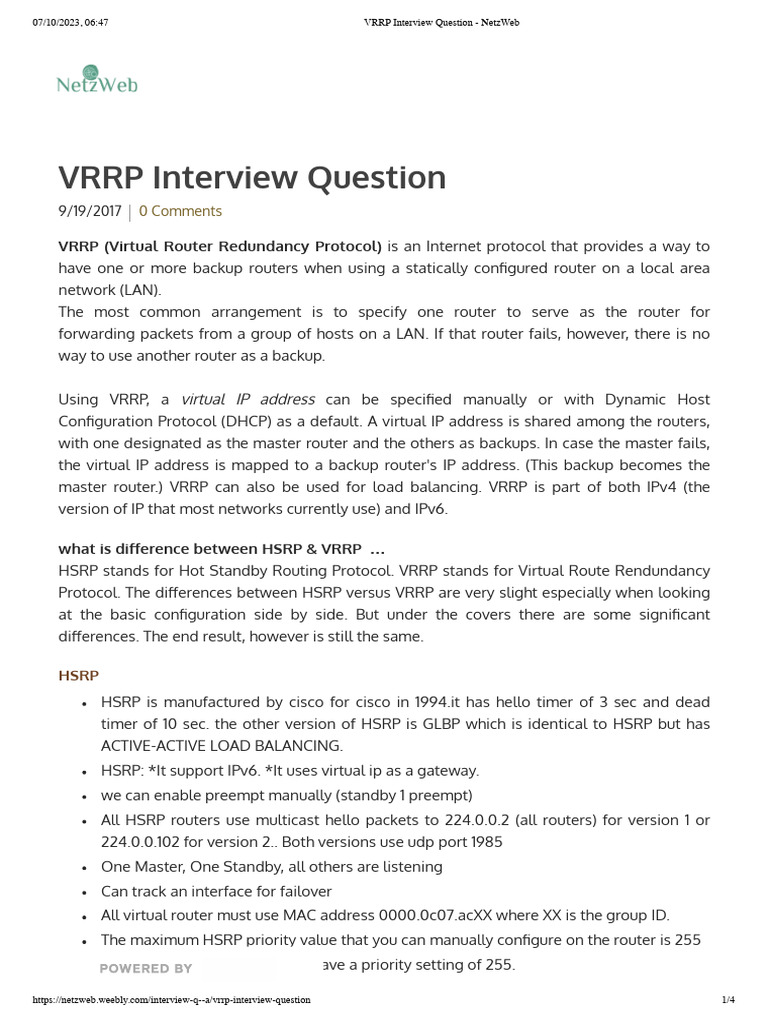 VRRP Interview Question - NetzWeb | PDF | Ip Address | Router (Computing)