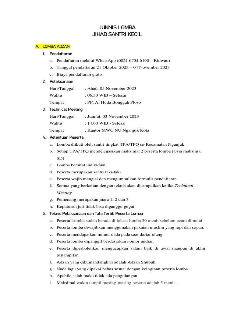 Juknis Lomba Jihad Santri Kecil | PDF