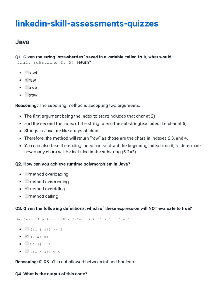 Java - Linkedin Skill Assessments Quizzes | PDF | Class (Computer Programming) | Method ...