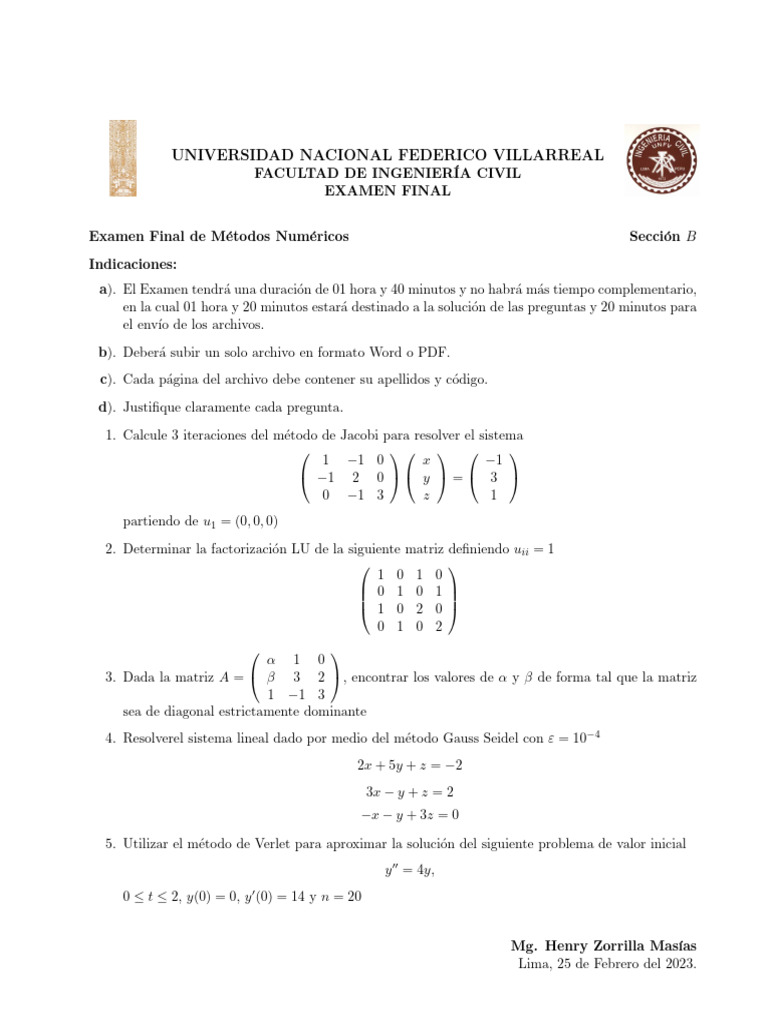 Examen Final Met Num | PDF | Métodos y materiales de enseñanza