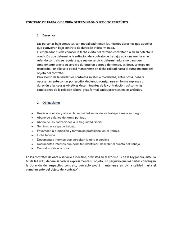 Contrato de Trabajo de Obra Determinada o Servicio Específico | PDF