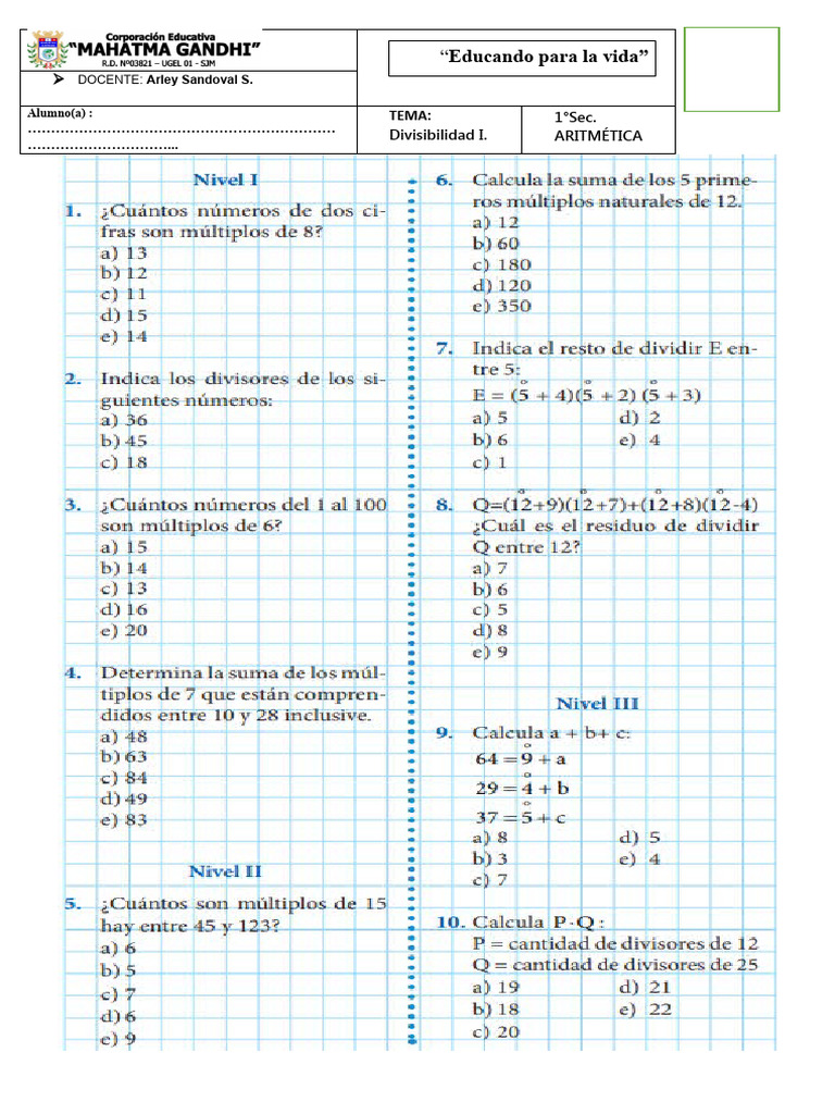 Ficha de Ejercicios 1° Sec ARIT. | PDF