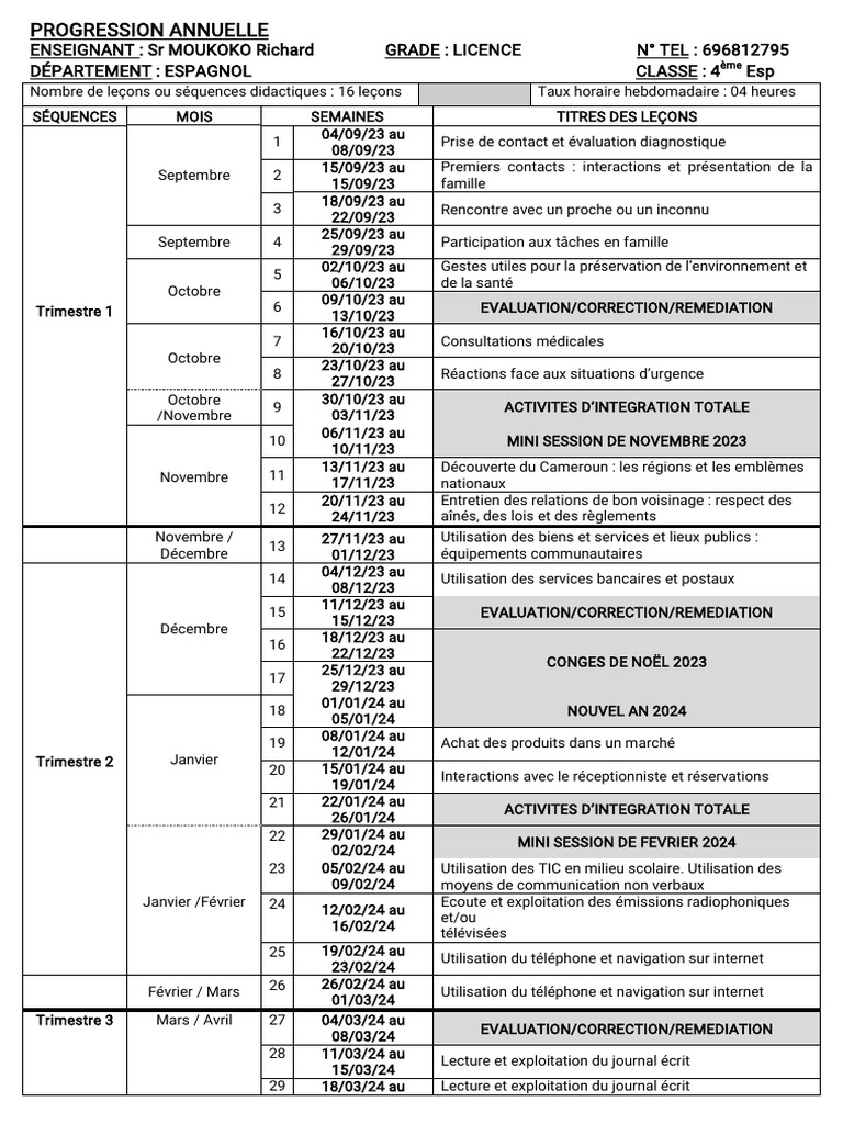 PROGRESSION D'ESPAGNOL 4ème 2023-2024 | PDF