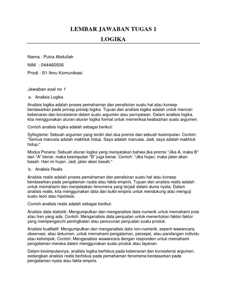 Lembar Jawaban Tugas 1 Logika | PDF | Karier & Perkembangan | Filsafat