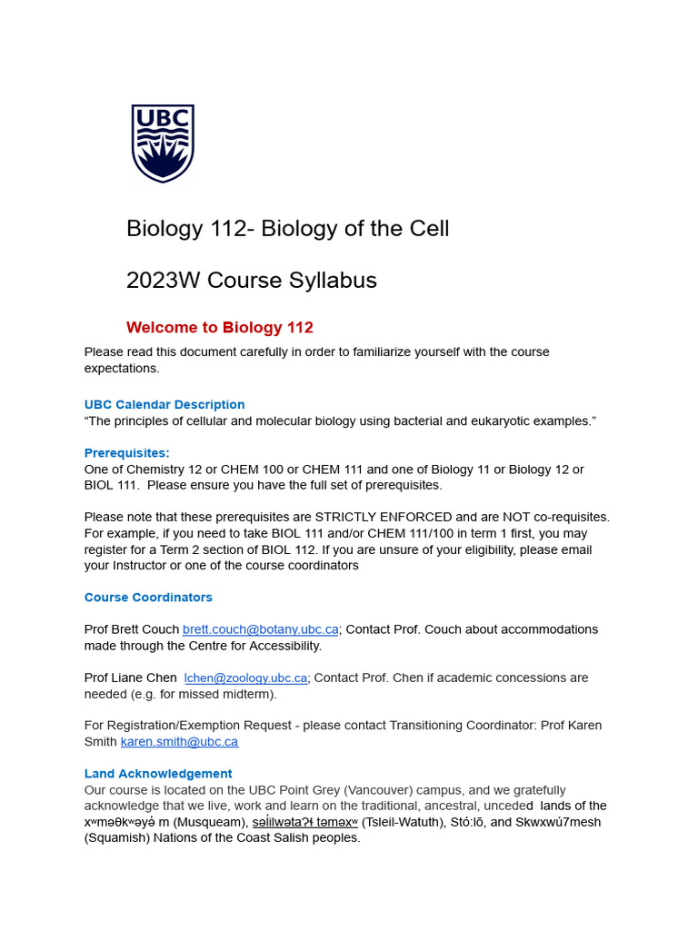 Biol 112 Syllabus - 2023WT1 | PDF | Academic Dishonesty | Academic Integrity