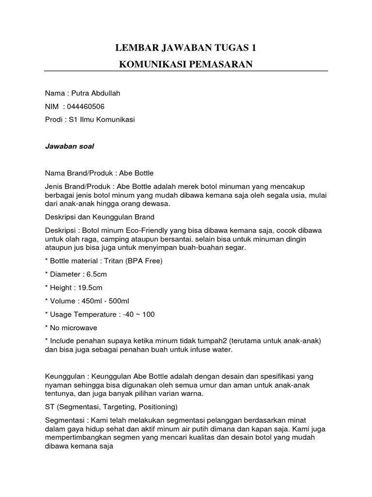 Lembar Jawaban Tugas 1 Komunikasi Pemasaran | PDF | Karier & Perkembangan | Pengembangan Diri