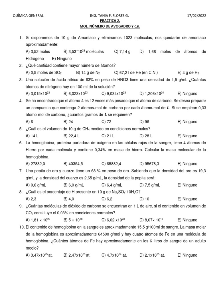 Practica 2 Mol Numero De Avogadro Y Cn Pdf