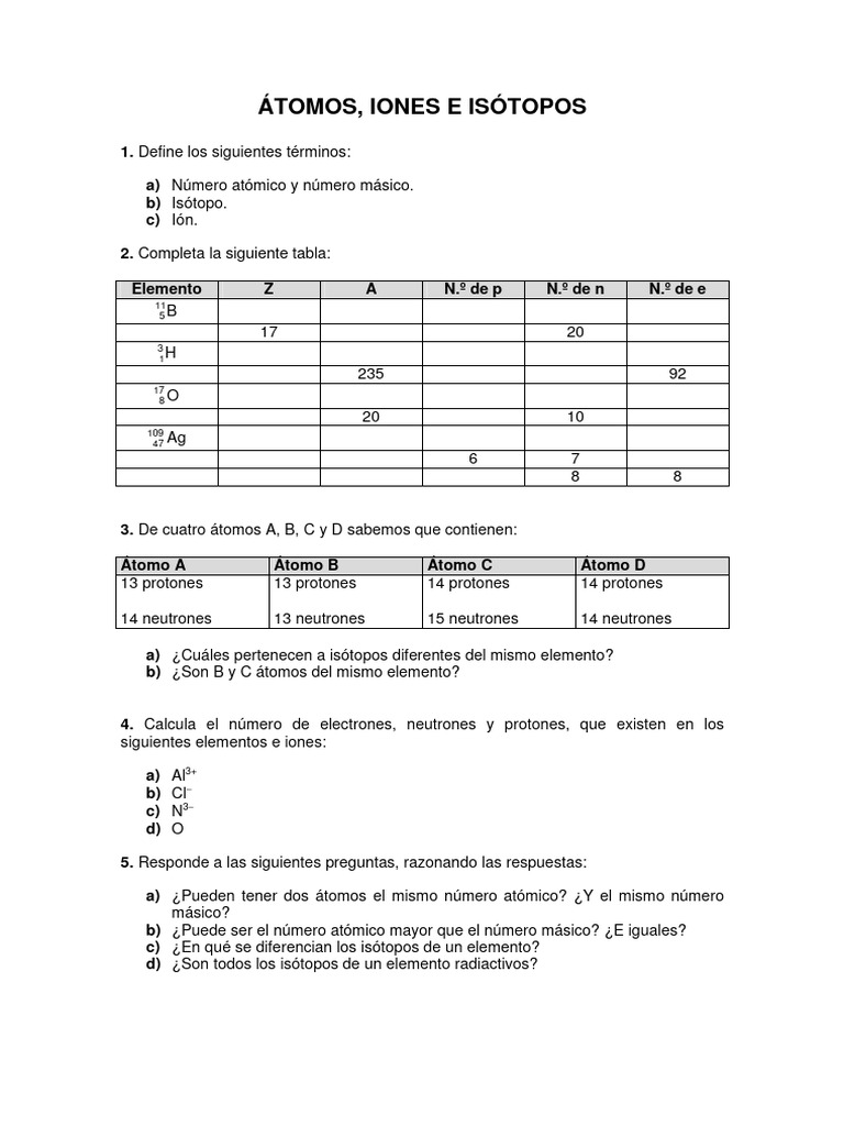 Ejercicios Atomos Isotopos Iones Pdf Pdf Isótopo Protón