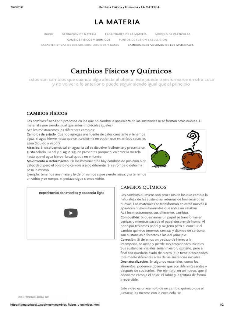 Cambios Fisicos y Quimicos - LA MATERIA | PDF | Importar | Agua