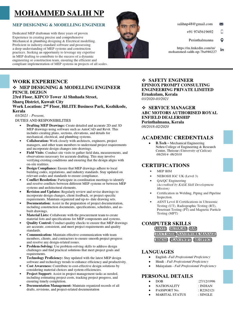 MEP Engineer Profile: Mohammed Salih | PDF | Specification (Technical ...