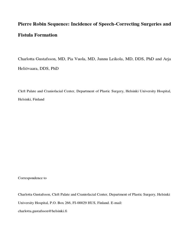 Gustavsson Et Al Pierre Robin Sequence Incidence of Speech Correcting Surgeries and Fistula ...