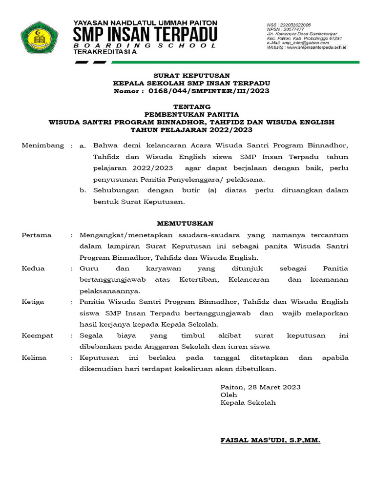 SK Wisuda Santri Program Binnadhor, Tahfidz Dan Wisuda English 23 | PDF