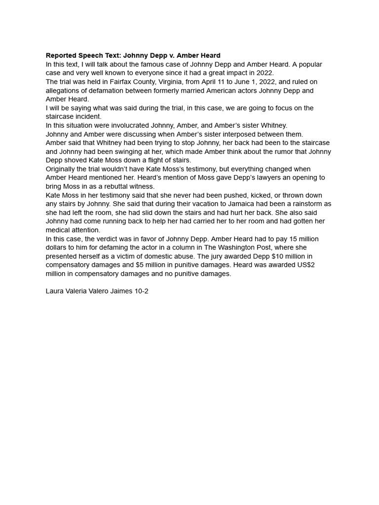 Reported Speech Text - Johnny Depp V | PDF | Mystery, Thriller & Crime ...