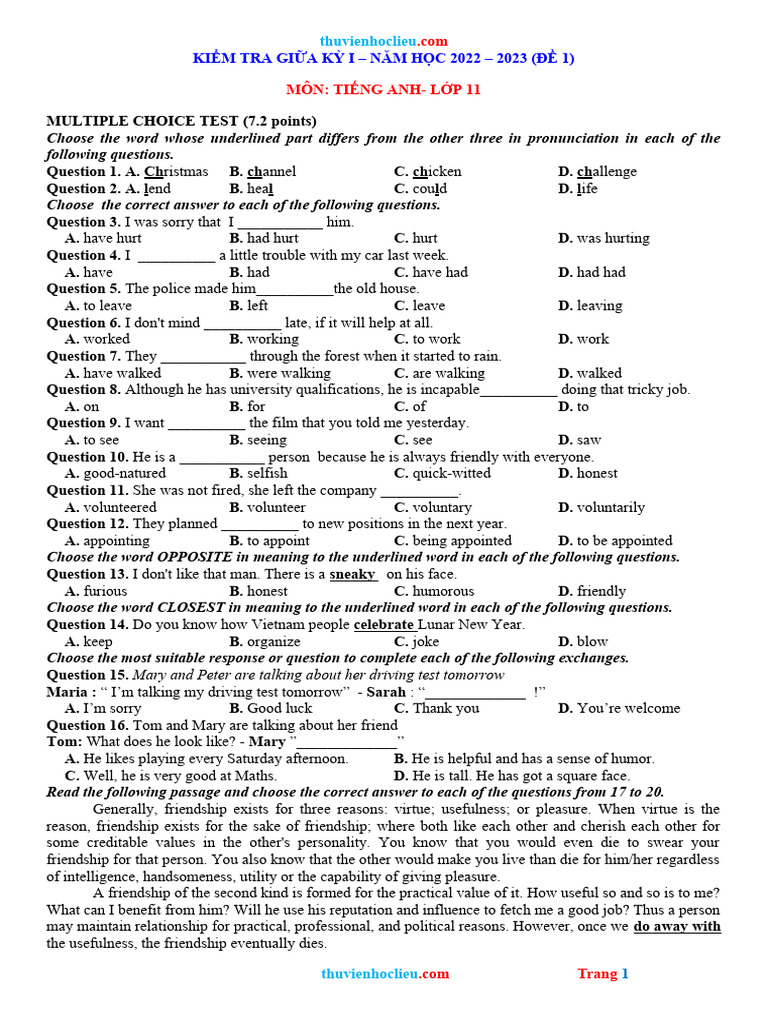 De Thi Giua HK1 TIENG ANH 11 Nam 2022 2023 de 1 | PDF