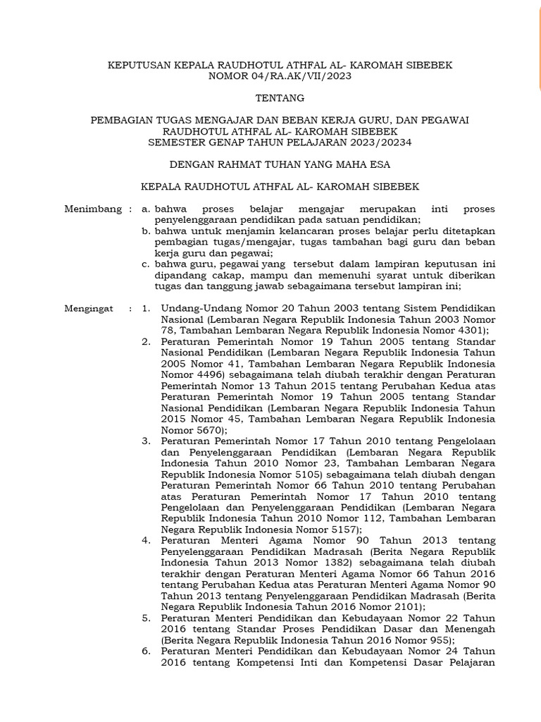 SK Pembagian Tugas Mengajar - SMT - 2 | PDF