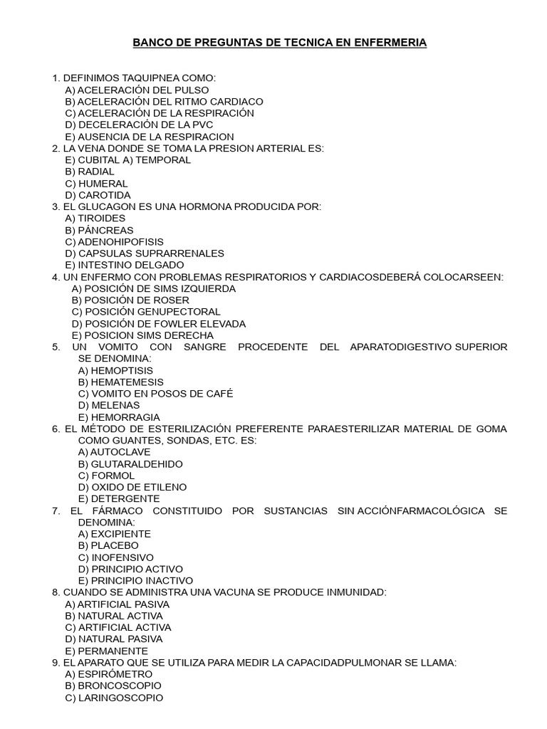 Banco de Preguntas-Tecnica en Enfermeria | PDF | Inyección (medicina) | Medicina CLINICA