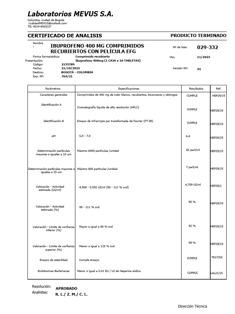 Coa Producto Terminado | PDF | Tecnicas | Operaciones unitarias