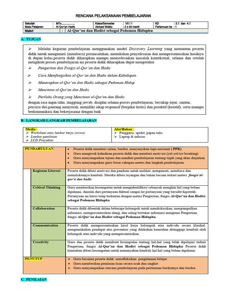 Contoh RPP 1 Halaman AlQuran KLS 7 | PDF