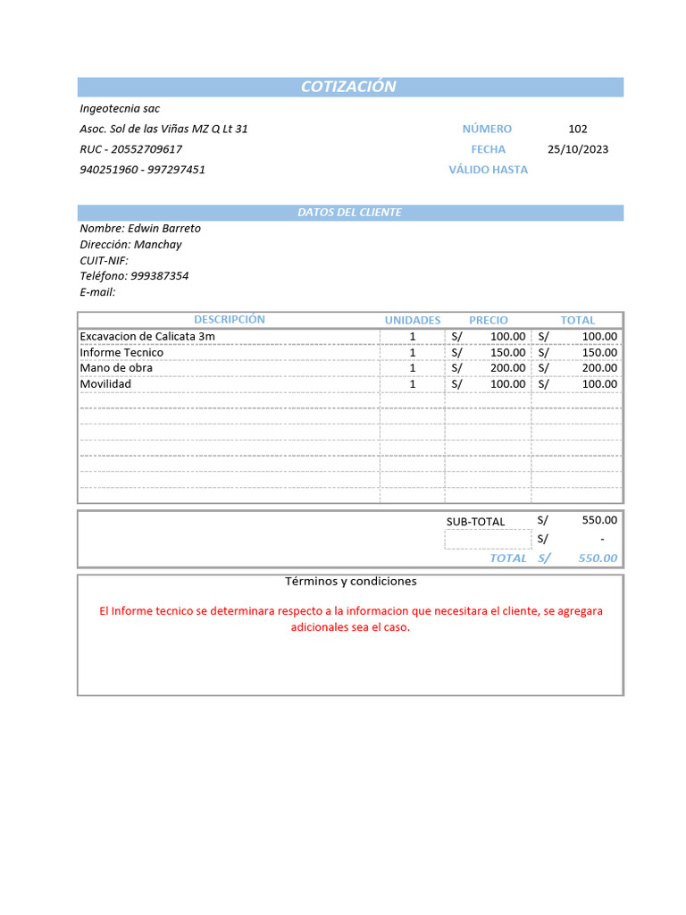 Cotizacion N°102 - Exc. de Calicata | PDF