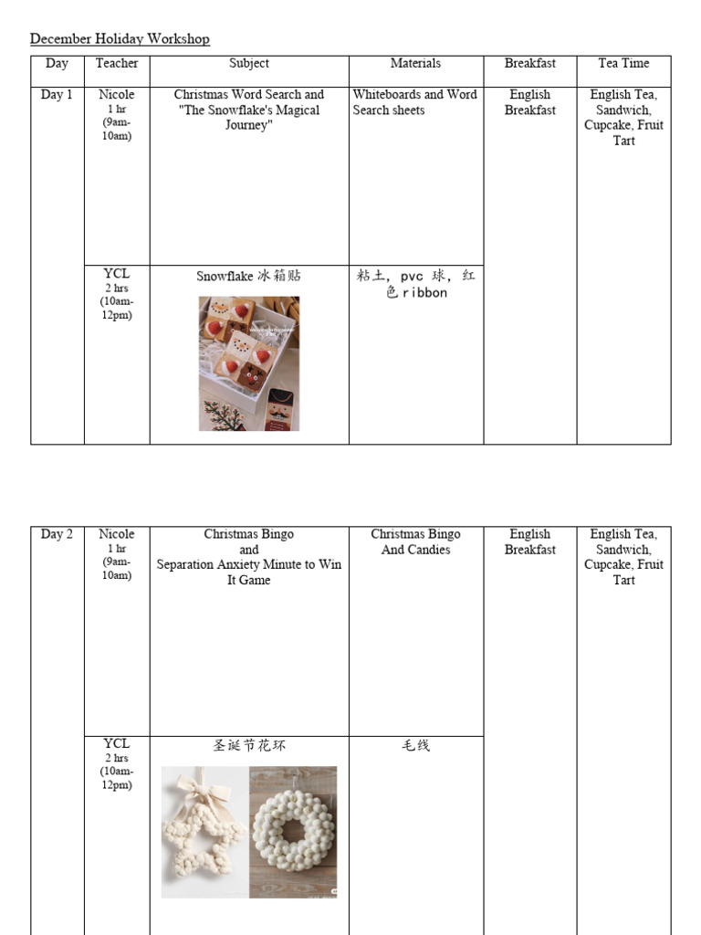 December Holiday Workshop Pdf