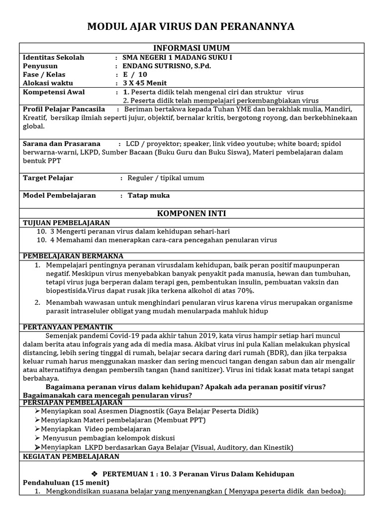 Modul Ajar X PERANAN VIRUS | PDF