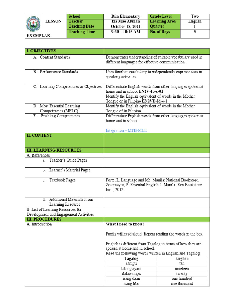 ENGLISH - Lesson-Exemplar-WEEK5 | PDF | English Language | Tagalog Language