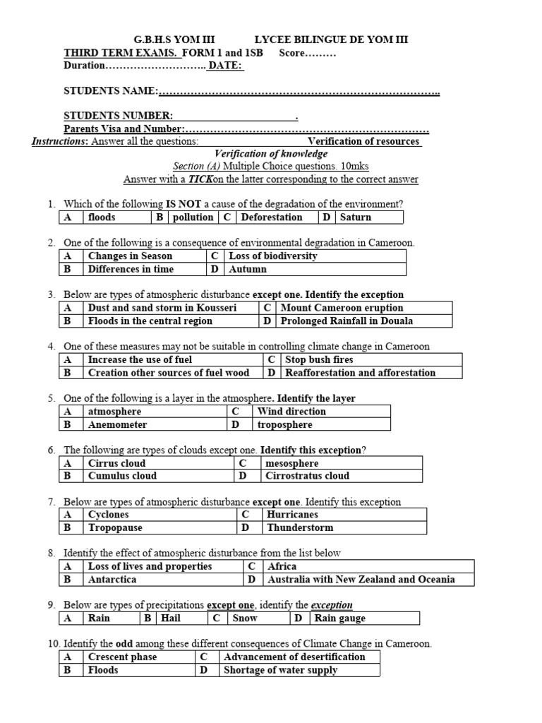 Form 1. THIRD Term Exams | PDF | Cloud | Rain