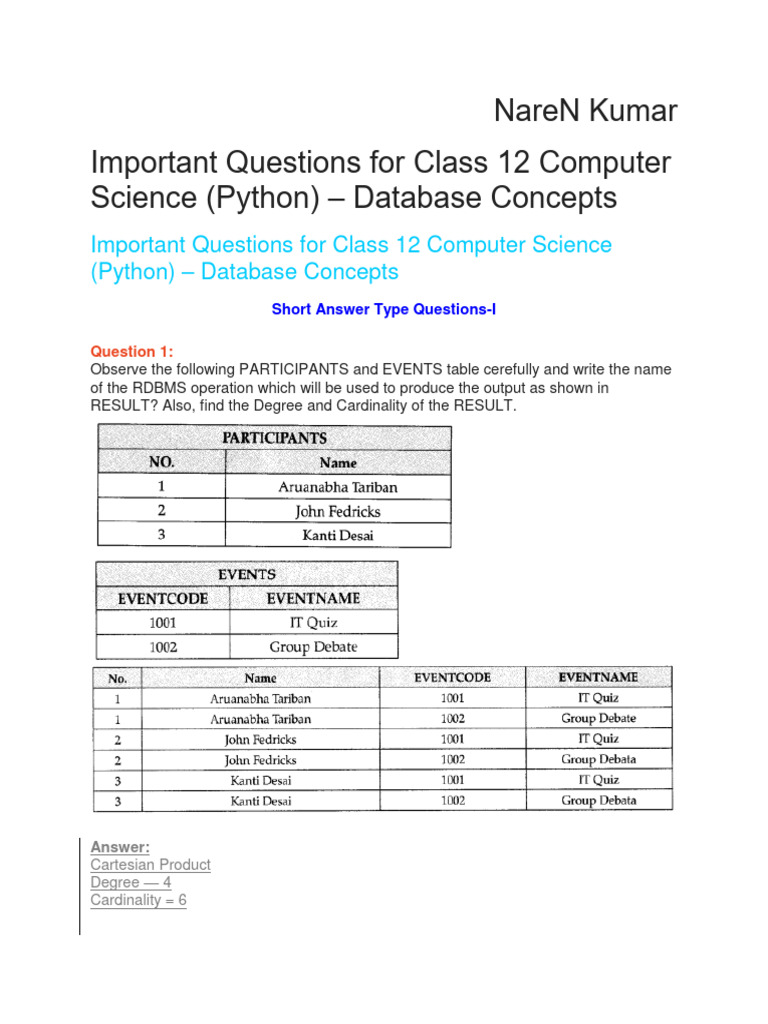 RDBMS and SQL Queries XII Computer Science Important Question Cbse | PDF | Relational Database ...