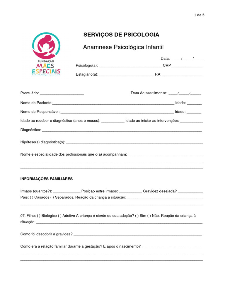 Modelo de ANAMNESE PSICOLÓGICA INFANTIL | PDF | Gravidez | Adoção
