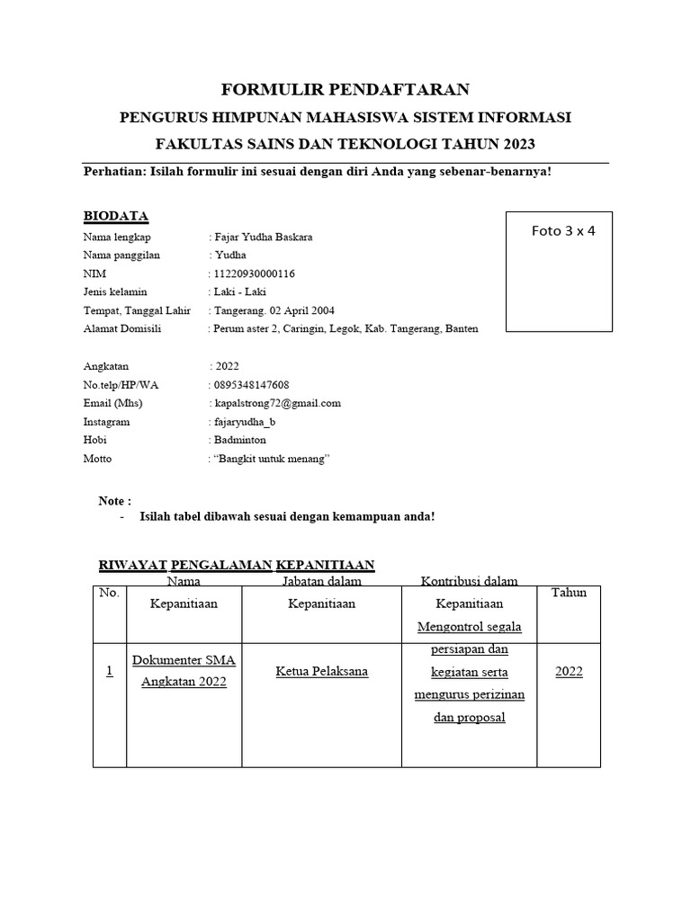 Formulir Pendaftaran HIMSI 2023 | PDF