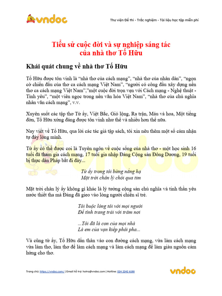Tieu Su Cuoc Doi Va Su Nghiep Sang Tac Cua Nha Tho To Huu | PDF