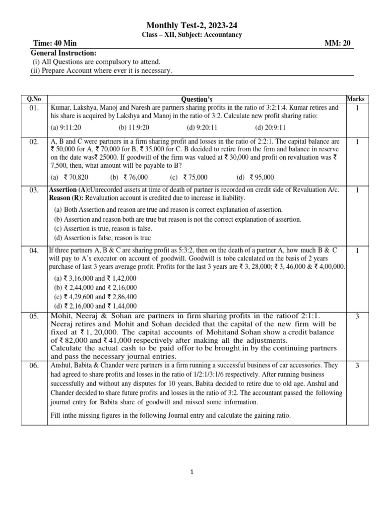 Class XII Accountancy Monthly Test 2023 | PDF | Debits And Credits ...