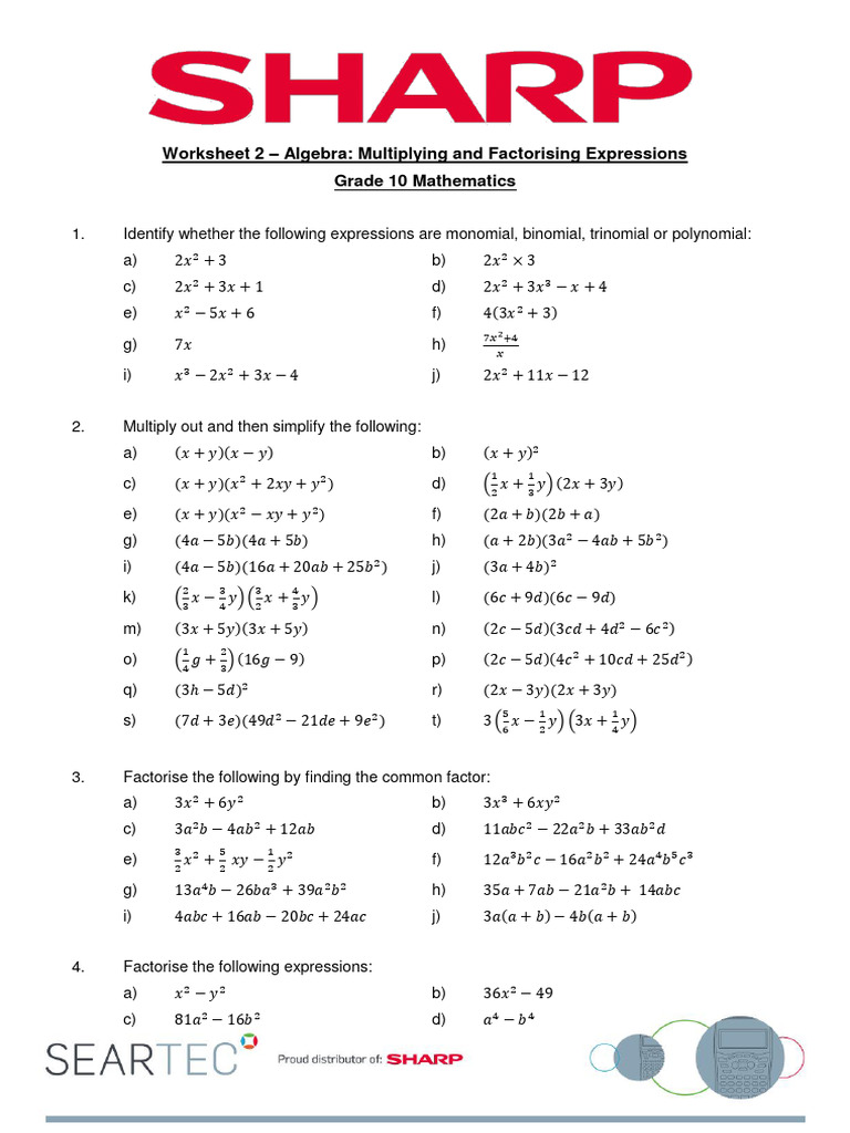 Worksheet 2 Algebra - Multiplying and Factorising Expressions Grade 10 Mathematics | Download ...