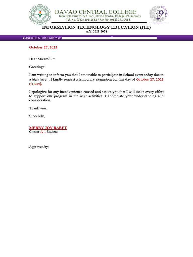 Excuse Letter for School Absence | PDF