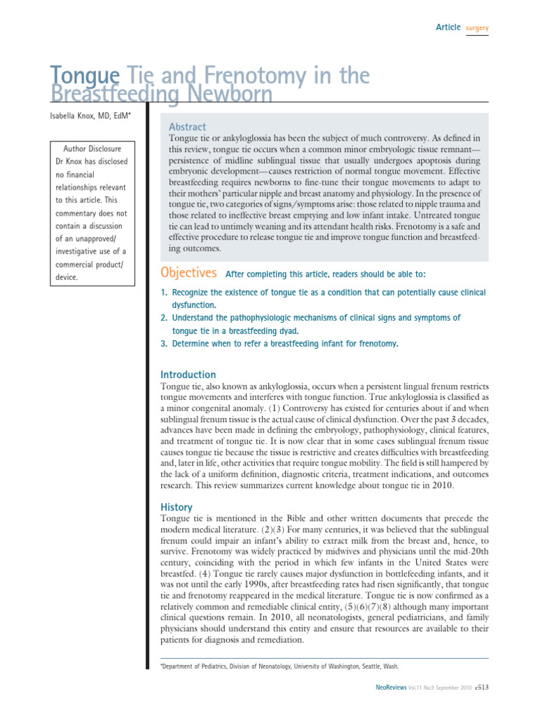 Tongue: Tie and Frenotomy in The Breastfeeding Newborn | PDF ...