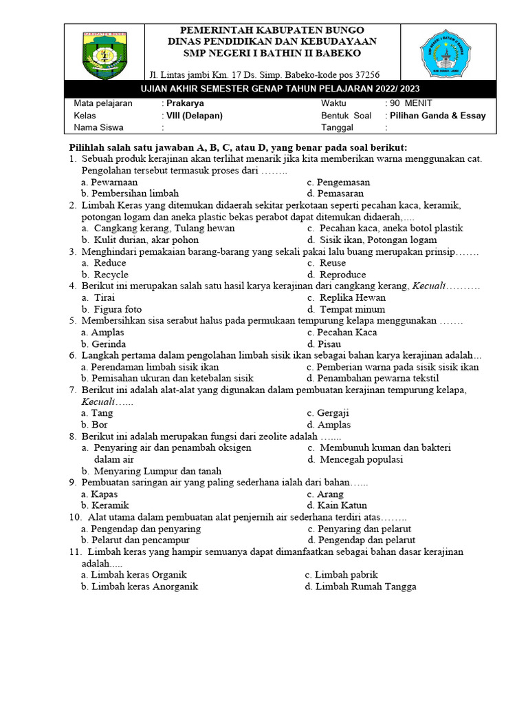 Soal UAS GENAP 2023 Prakarya Kelas 8 | PDF | Griya & Taman | Sains & Matematika