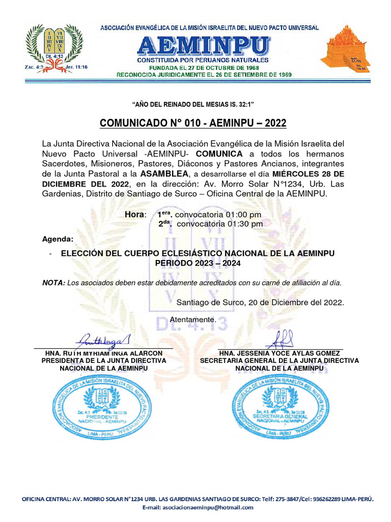 Comunicado N°010-Aeminpu - Eleccion Del Cuerpo Eclesiástico Nacional ...