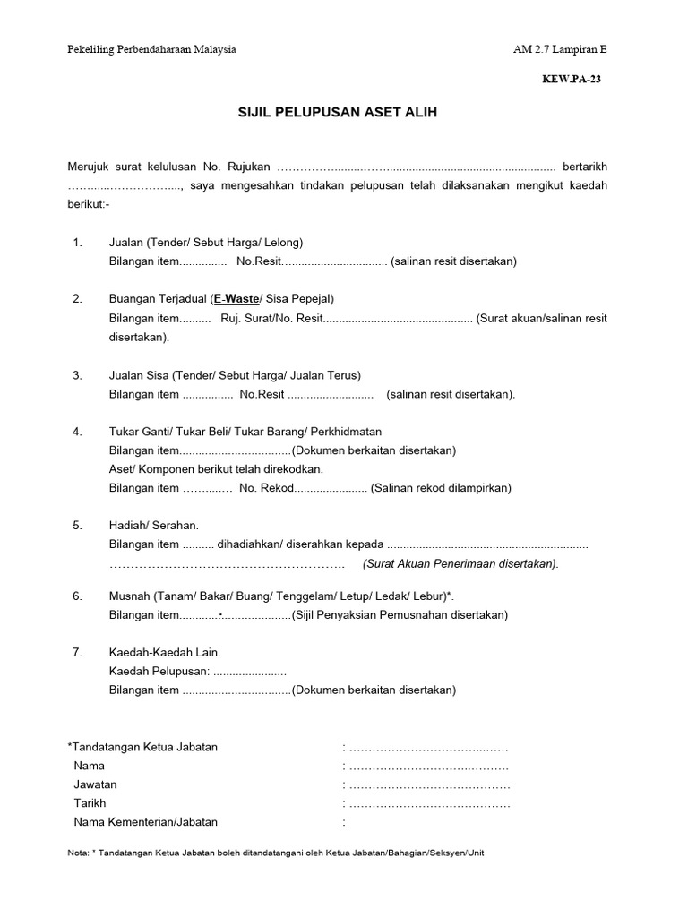 Step 5 - Kew - Pa-23 (Sijil Pelupusan Aset Alih Kerajaan) | PDF