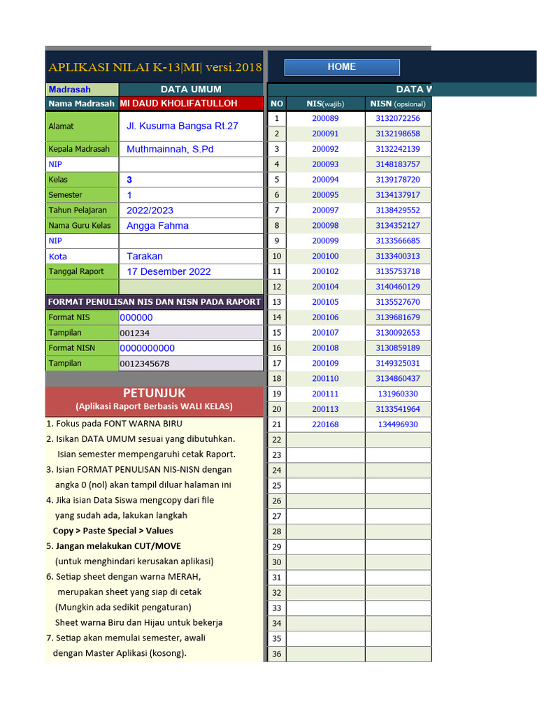 Raport k13 Guru Kelas-Mi Daud Kholifatulloh (Kelas 3) | PDF