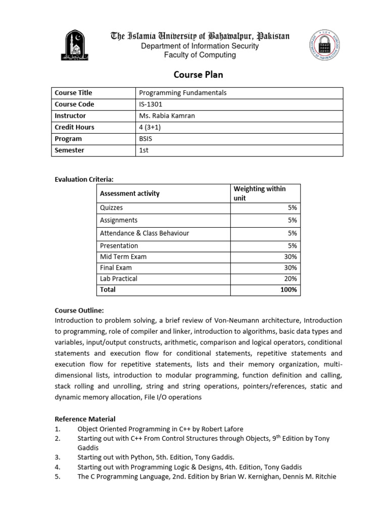 Course Plan (Programming Fundamentals) | PDF | Computers