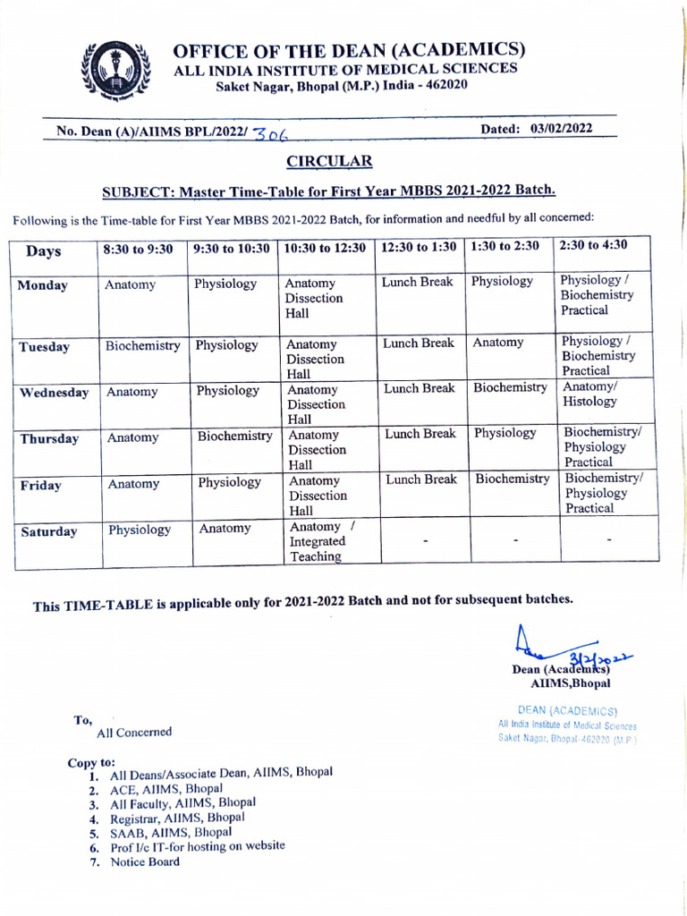 306 Master Time-Table For First Year MBBS 2021-2022 Batch1 | PDF | Anatomy | Medicine