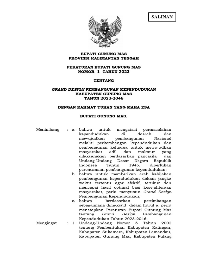 Perbup Gunung Mas No. 1 Tahun 2023 | PDF