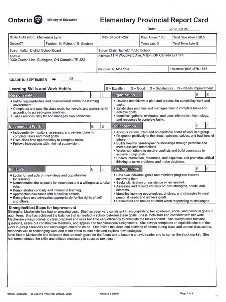 Mackenzie Lynn Glassford Grade 07 Final Report Card | PDF