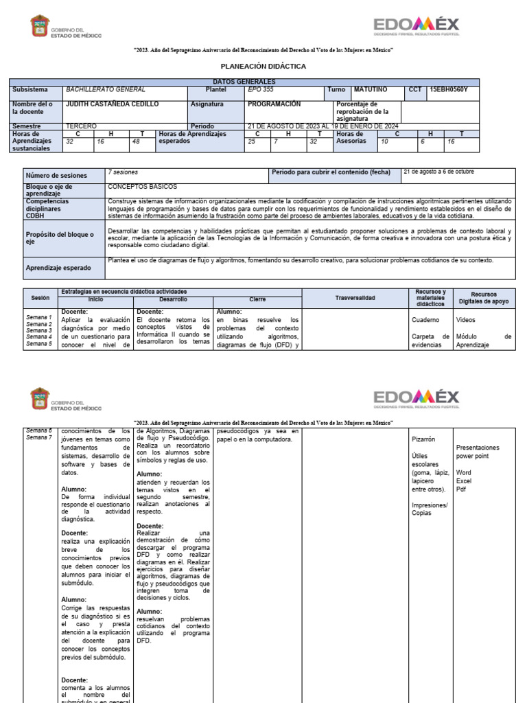 Planeación Programación 5to Sem | PDF | Evaluación | Algoritmos