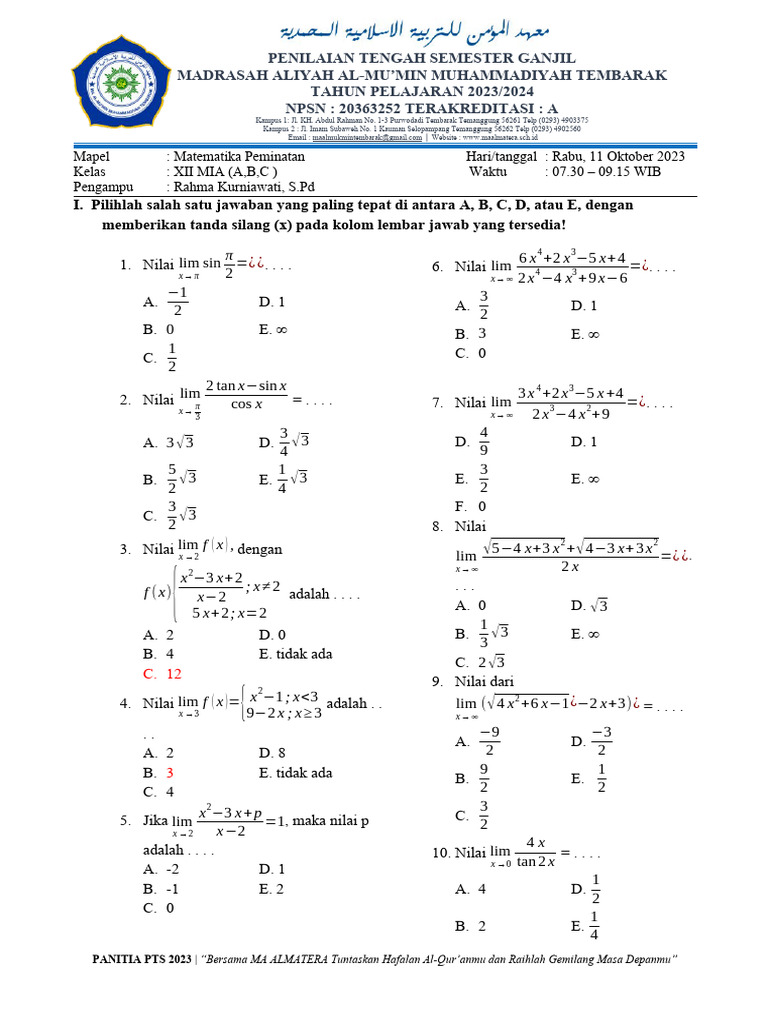 Soal PTS Ganjil Xii MTK Minat 2023 | PDF