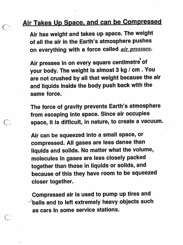 Air Takes Up Space and Can Be Compressed Notes | PDF