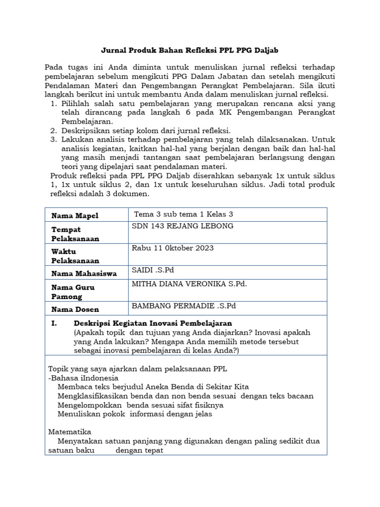 Jurnal Produk Bahan Refleksi PPL PPG Daljab Saidi 143 Rejang Lebong | PDF