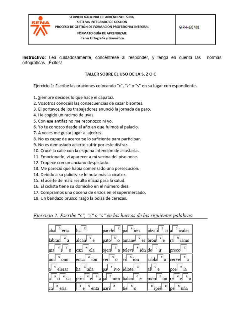 Taller de Ortografía: Ejercicios de S, Z y C | PDF