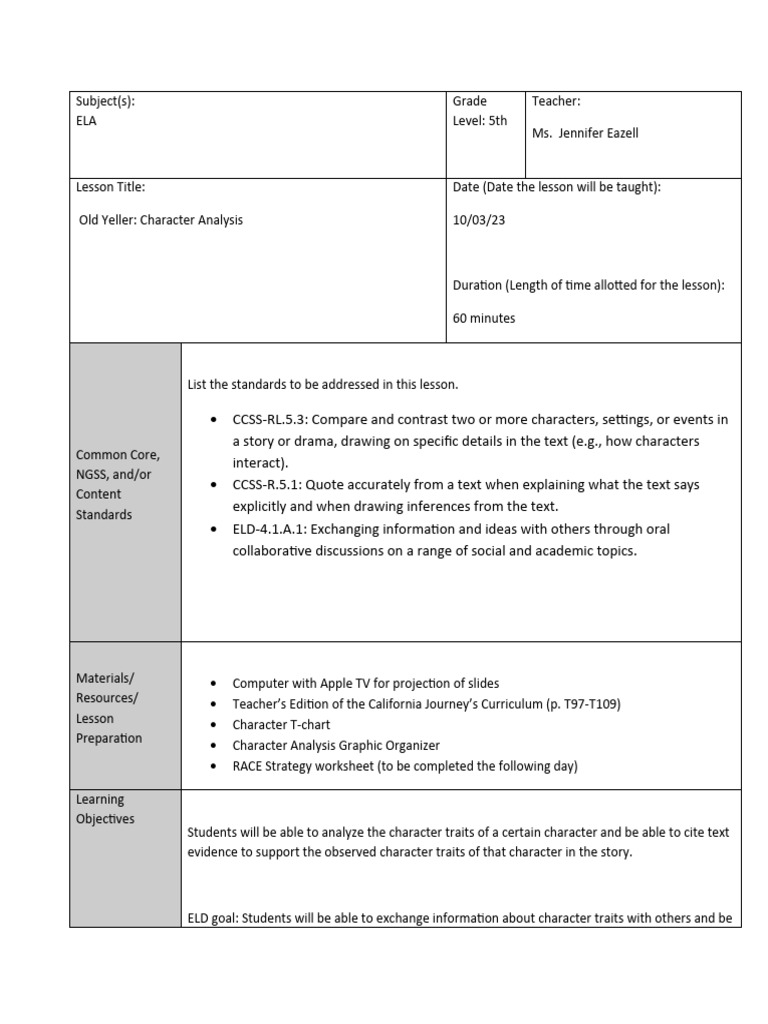 Old Yeller Character Analysis Lesson Plan | PDF